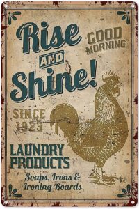 unbard laundry decor farmhouse style chicken rise and shine since 1923 laundry products metal sign decor tin aluminum sign wall art retro metal poster for door laundry room home farmhouse 8x12 inch