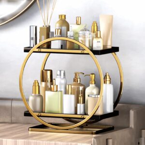 yiwanfw makeup organizer for vanity, black gold perfume organizer for dresser- 2 tier skincare organizers bathroom countertop organizer, make up counter shelf perfume holder rack cosmetic display tray