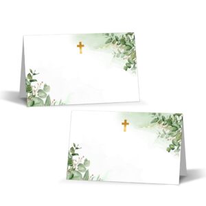 eucalyptus baptism place cards, table place card for first holy communion religious party/christening naming ceremony, gold foil tent name place cards for table setting, 25 pack(a03)