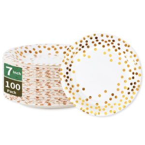 cenlbj white and gold paper plates,7inch gold dot dessert plates,disposable party supplies suitable for weddings,birthdays,bridal parties,all occasions(100 pcs)