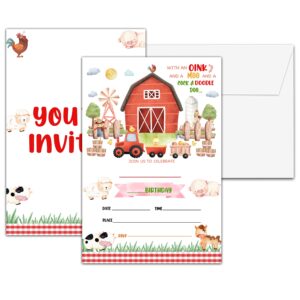 chuxvon farm birthday party invitations, barn animals birthday invitation, double-sided fill in invites, barnyard birthday party decorations, 20 cards with 20 envelopes(d07)