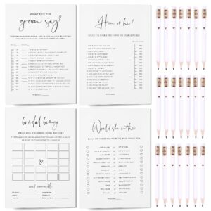 bridal shower games bundle - 5 bridal shower games for 30 guests, 30 bridal shower pencils - double-sided cards - bridal shower decorations, wedding shower games - minimalist