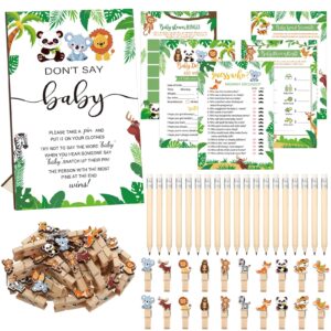 patelai 321 pcs baby shower games supplies, 5 sets (50 cards each) activities cards with 20 pencils 1 don't say baby sign 50 clothespin(jungle style)