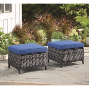 outdoor rattan ottomans wicker with blue cushion (set of 2) black modern contemporary square steel ottoman included