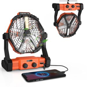 trekkinglamb 8000mah 3 speed battery powered fan with hook handle, personal fan camping fan for tent camping hiking power outage, rechargeable fan camping with reading lamp led lantern