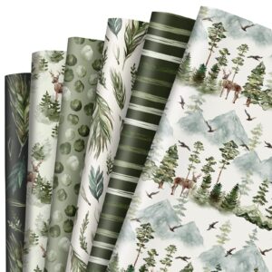 anydesign 12 sheet forest theme wrapping paper watercolor woodland gift wrap paper bulk green tree elk art paper for birthday wedding baby shower diy crafts gift packing, 19.7 x 27.6, folded flat