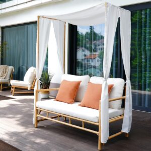 grand patio outdoor loveseat with canopy, metal patio loveseat sofa with thick cushion, tropical-style patio furniture featuring imitation bamboo finish, white