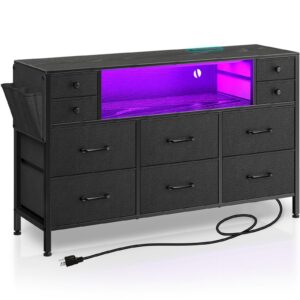 rolanstar dresser for bedroom with led lights and power outlets, 55" tv stand with 10 drawers, fabric chest of drawers with side pocket, pu finish, sturdy frame & wood top, black