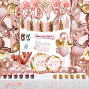 guudmua 303 pcs baby shower decorations for girl, girl baby shower decorations kits - disposable dinnerware set with pink rose gold floral (25 guest), "baby girl" banner, balloon, sash, cake topper