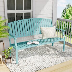 outdoor aluminum bench with backrest, patio metal 3-seater chair for porch balcony deck lawn garden poolside yard (red)