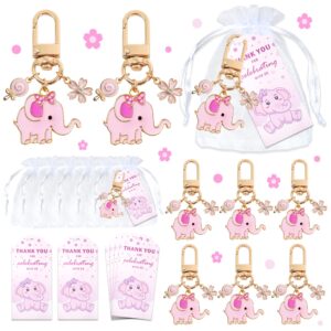 buywumore 12 sets baby shower pink elephant keychains it's a girl return favor for guests with flower sweets white organza bags and thank you tags elephant theme party for kids party supplies (girl)