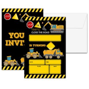 chuxvon construction birthday party invitations, dump truck birthday invitation, double-sided fill in invites, birthday party decorations, 20 cards with 20 envelopes(d04)