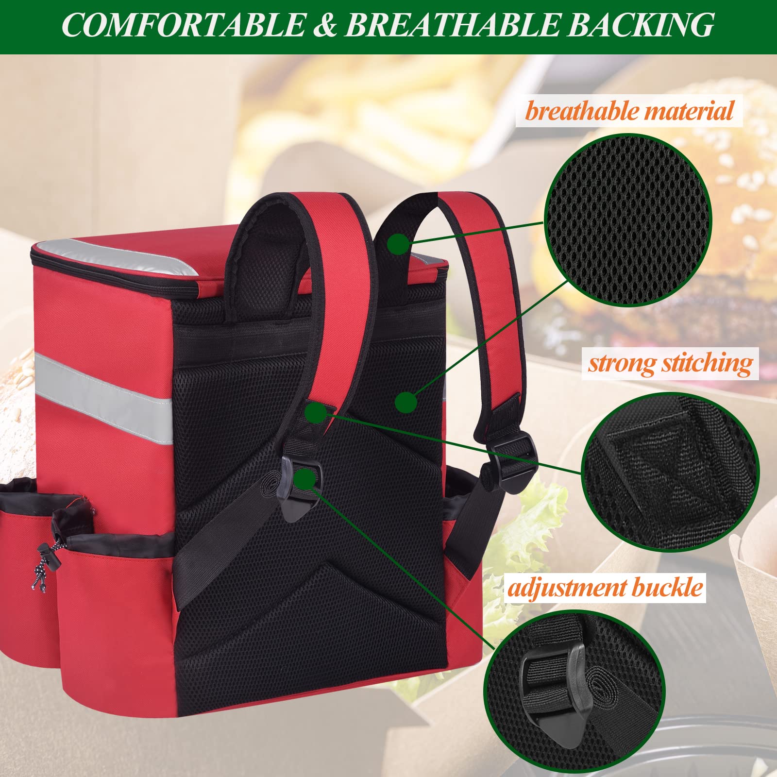 ZFZGFRCS Food Delivery Backpack Pizza Delivery Bag Insulated Delivery Bag with Cup Holders, Delivery Backpack with Support Boards for Bike Delivery, Food Delivery Bag for Carry HOT/COLD (Red)