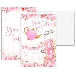 chuxvon tea birthday party invitations, blush pink floral birthday invitation, double-sided fill in invites, garden birthday party decorations, 20 cards with 20 envelopes(d11)