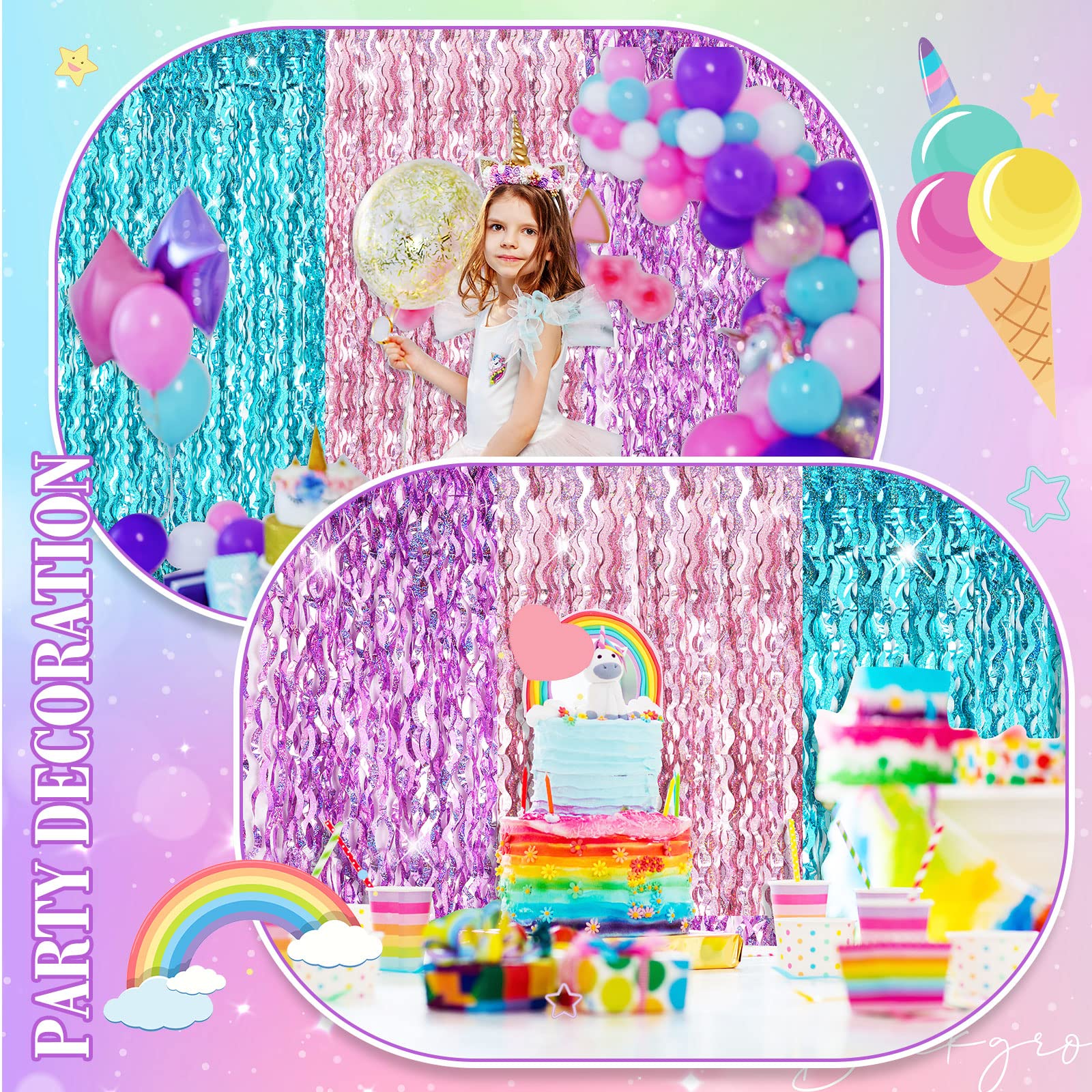 Jutom 6 Pieces Foil Fringe Backdrop Party Fringe Curtain 3.3 x 6.6 ft Tinsel Streamer Backdrop for Graduation Ocean Sea Birthday Wedding Baby Shower Holiday(Light Purple, Light Pink, Blue Green)