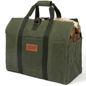 mayhem & mercy firewood carrier - waxed canvas wood carrier for firewood - hunter green log carrier for firewood fireplace wood rack log bag - firewood