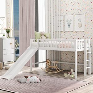 harper & bright designs twin size low loft bed frame with ladder and slide for kids,white