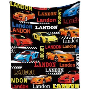 personalized race car blanket with name for boys kids custom crazy red blue racing sportcar throw blankets customized speed racer warm soft flannel fleece sofa blanket gifts decor, 40"x50"