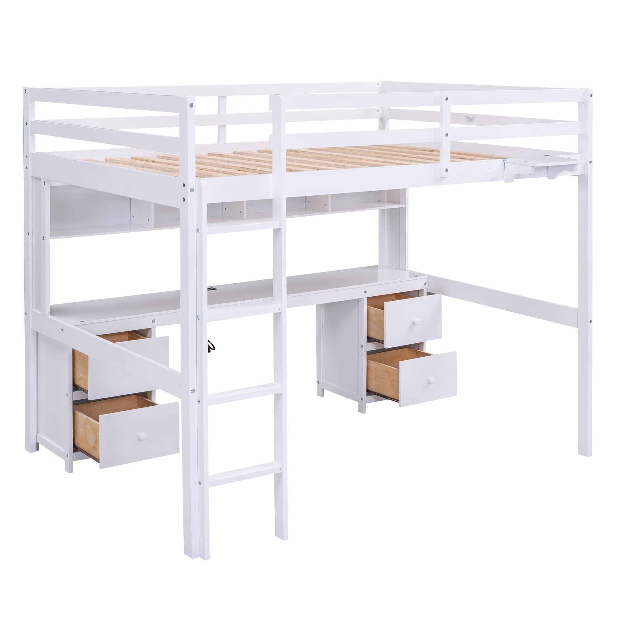 Full Size Loft Bed with Desk and Storage, Wooden Loft Beds Frame with Charging Station, High Loft Beds with 4 Drawers & 4 Shelves & 2 Outlets & 2 USB Port for Kids Teens Adults, White