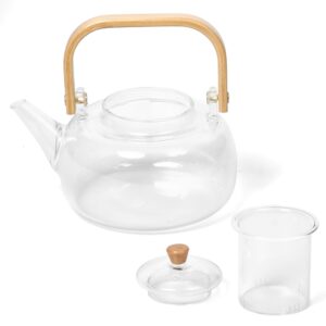 whole housewares glass teapot with infuser - borosilicate glass tea kettle with bamboo lid - clear tea pot - dishwasher & stovetop friendly - microwave safe - tea lovers gift cups