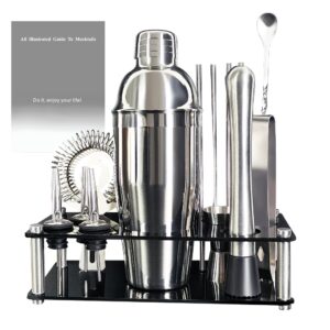 bartender kit, 13 piece cocktail shaker set stainless steel bar tools with black stand, 25 oz shaker, jigger, spoon, pourers, muddler, strainer, tongs, recipes