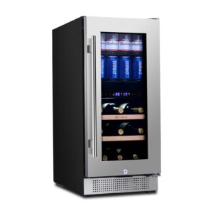 wineboss 15 inch wine and beverage refrigerator, 13 bottle & 48 cans dual zone built-in under counter cooler freestanding cellars fridge with upgrade compressor tempered glass door lock, small chiller