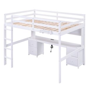 Full Size Loft Bed with Desk and Storage, Wooden Loft Beds Frame with Charging Station, High Loft Beds with 4 Drawers & 4 Shelves & 2 Outlets & 2 USB Port for Kids Teens Adults, White