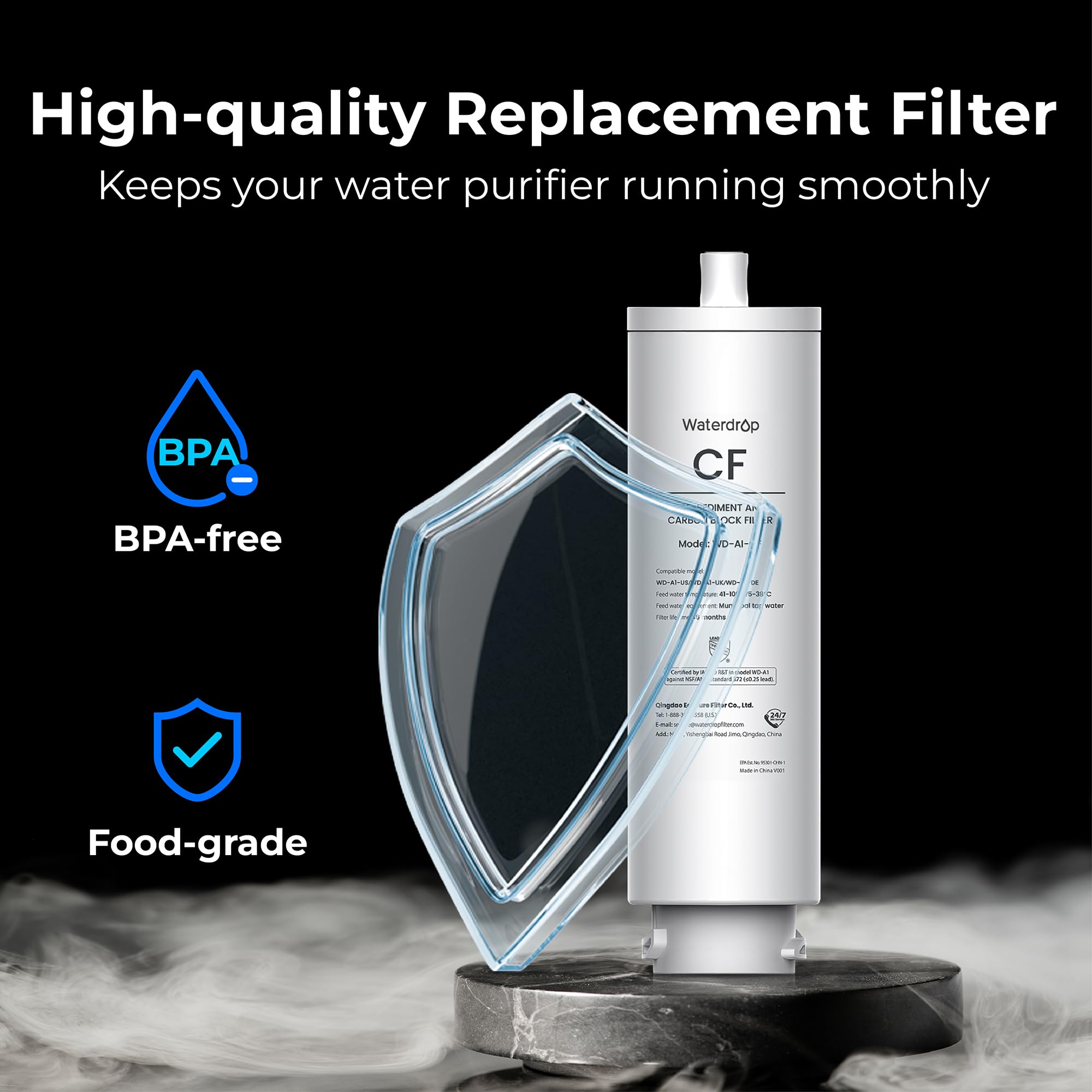 Waterdrop 𝐖𝐃-𝐀𝟏-𝐂𝐅 Filter, Replacement for 𝐖𝐃-𝐀𝟏 Countertop Reverse Osmosis Hot and Cold water Dispenser, 6-month Lifetime