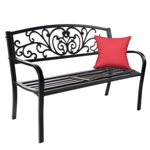 flybold outdoor bench garden bench with armrests steel metal bench for outdoors lawn yard porch - black walnut