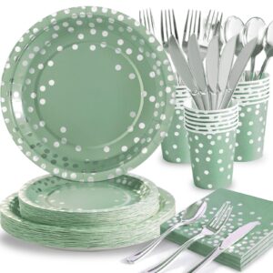 gudvilla sage green paper plates-168pcs sage green plates disposable party supplies serve 24 for sage green and silver birthday wedding baby shower party decorations