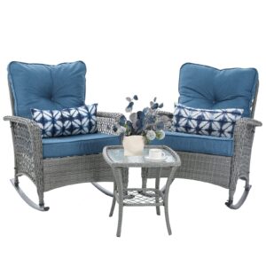 vonzoy patio furniture set 3 pieces, wicker rocking bistro set with thick cushions, outdoor rocker chairs and coffee table for porch, backyard or garden (blue)