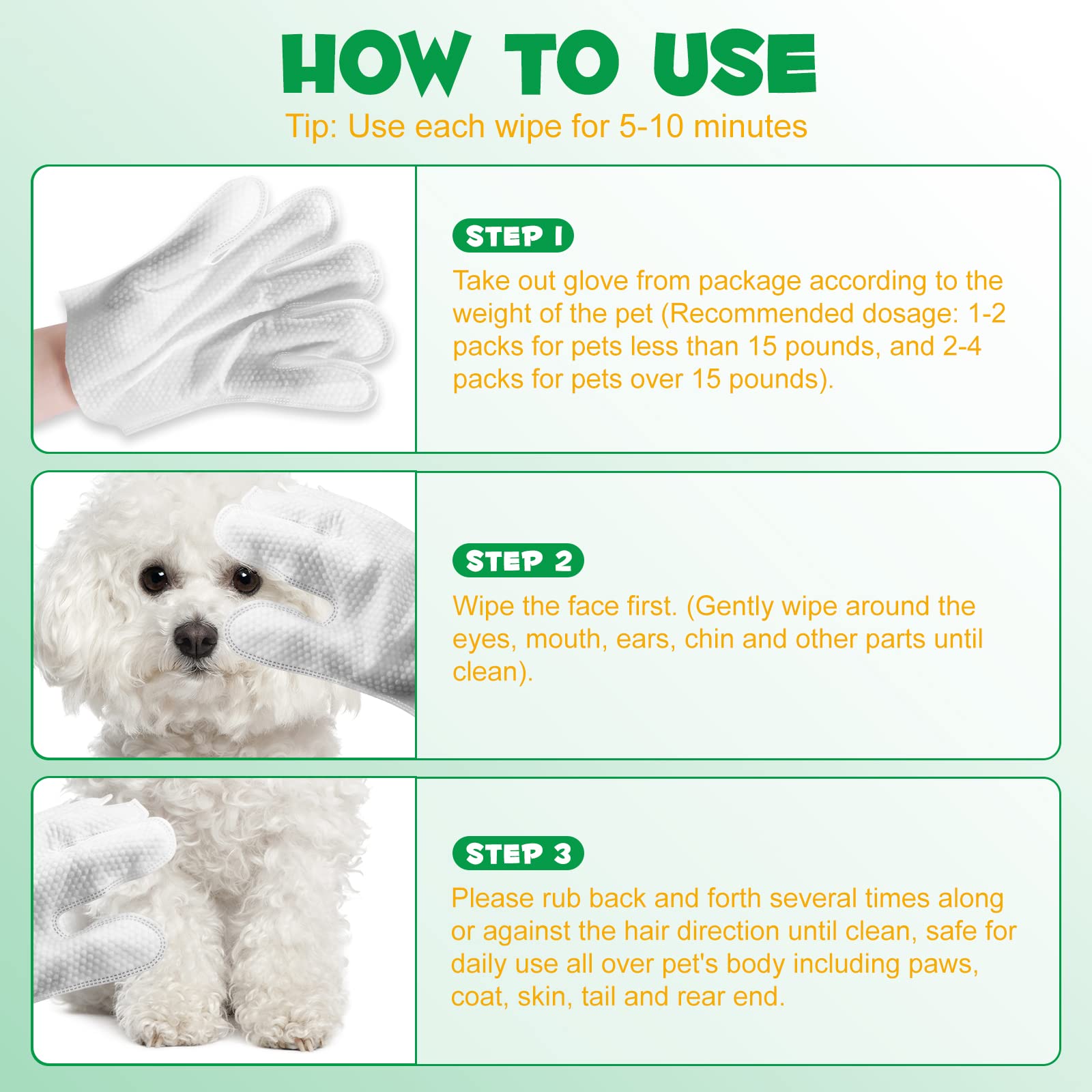 AIOBEECY Cleaning Pet Gloves Wipes for Dogs and Cats, Coconut Oil Cleaning Pet Gloves Can Nourish Fur for Puppies/Cats, Cleaning & Deodorizing Pet Gloves Wipes, Degradable Pet Wipes(Glove, 6Pcs)