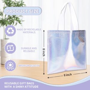 Whaline 24 Pieces 8''x8'' Non-Woven Small Party Bags, Holographic Gift Handled Bags, Reusable Candy Goodie Bags, DIY Craft Bags, Glossy Tote Bags for Birthday, Holiday, Event (Iridescent Color)