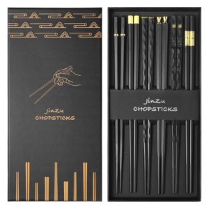 6 pairs chopsticks reusable fiberglass chopsticks dishwasher safe, 9.6 inch/24.3cm japanese chinese chop sticks gift set (black&golden)