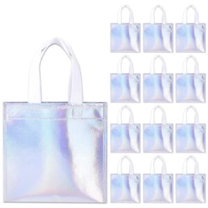 Whaline 24 Pieces 8''x8'' Non-Woven Small Party Bags, Holographic Gift Handled Bags, Reusable Candy Goodie Bags, DIY Craft Bags, Glossy Tote Bags for Birthday, Holiday, Event (Iridescent Color)