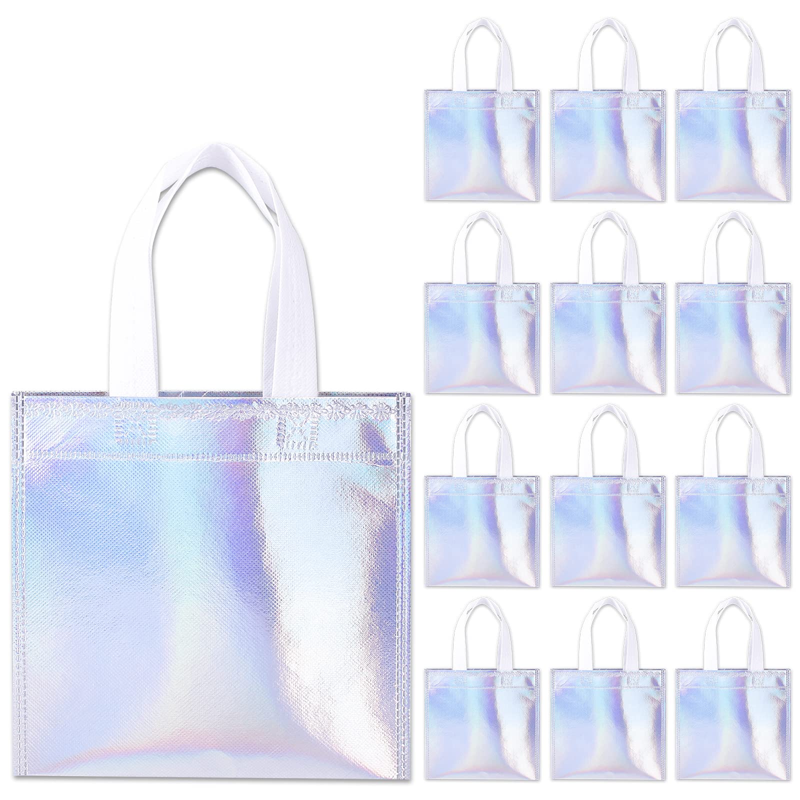 Whaline 24 Pieces 8''x8'' Non-Woven Small Party Bags, Holographic Gift Handled Bags, Reusable Candy Goodie Bags, DIY Craft Bags, Glossy Tote Bags for Birthday, Holiday, Event (Iridescent Color)