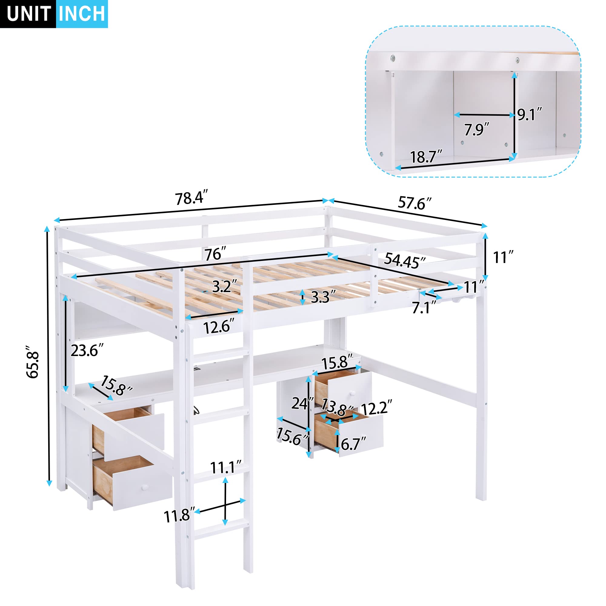 Full Size Loft Bed with Desk and Storage, Wooden Loft Beds Frame with Charging Station, High Loft Beds with 4 Drawers & 4 Shelves & 2 Outlets & 2 USB Port for Kids Teens Adults, White