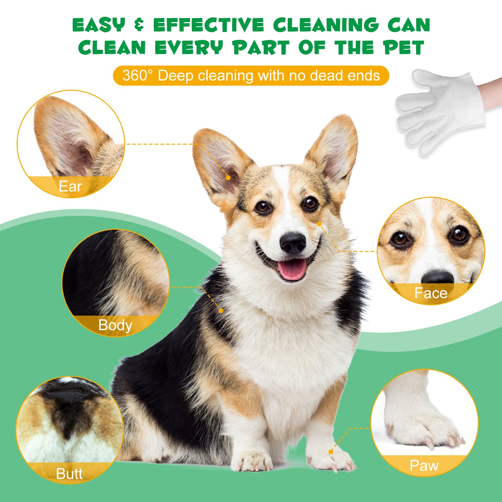 AIOBEECY Cleaning Pet Gloves Wipes for Dogs and Cats, Coconut Oil Cleaning Pet Gloves Can Nourish Fur for Puppies/Cats, Cleaning & Deodorizing Pet Gloves Wipes, Degradable Pet Wipes(Glove, 6Pcs)