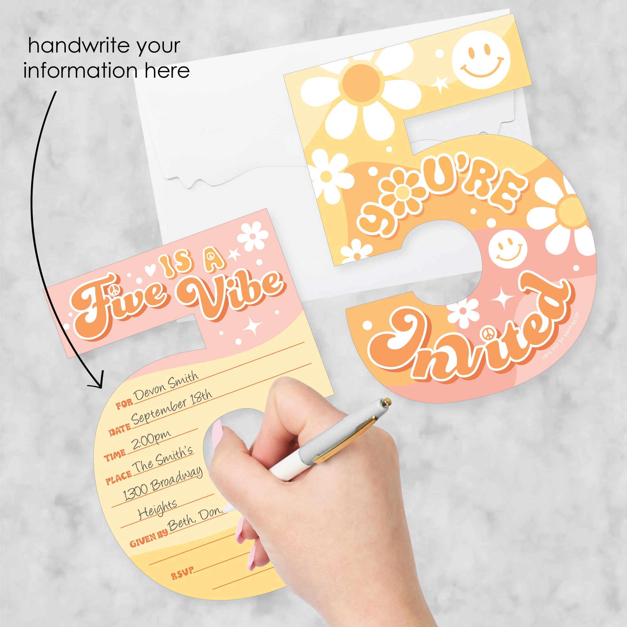 Big Dot of Happiness Five is a Vibe - Shaped Fill-In Invitations - Boho Hippie Fifth Birthday Party Invitation Cards with Envelopes - Set of 12