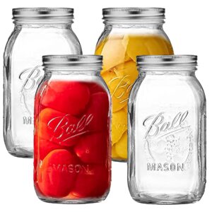 Regular Mouth Mason Jars 32 oz - (4 Pack) - Ball Regular Mouth Quart 32-Ounces Mason Jars With Airtight lids and Bands - For Canning, Fermenting, Pickling, Freezing, Storage + M.E.M Rubber Jar Opener