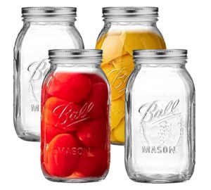 regular mouth mason jars 32 oz - (4 pack) - ball regular mouth quart 32-ounces mason jars with airtight lids and bands - for canning, fermenting, pickling, freezing, storage + m.e.m rubber jar opener