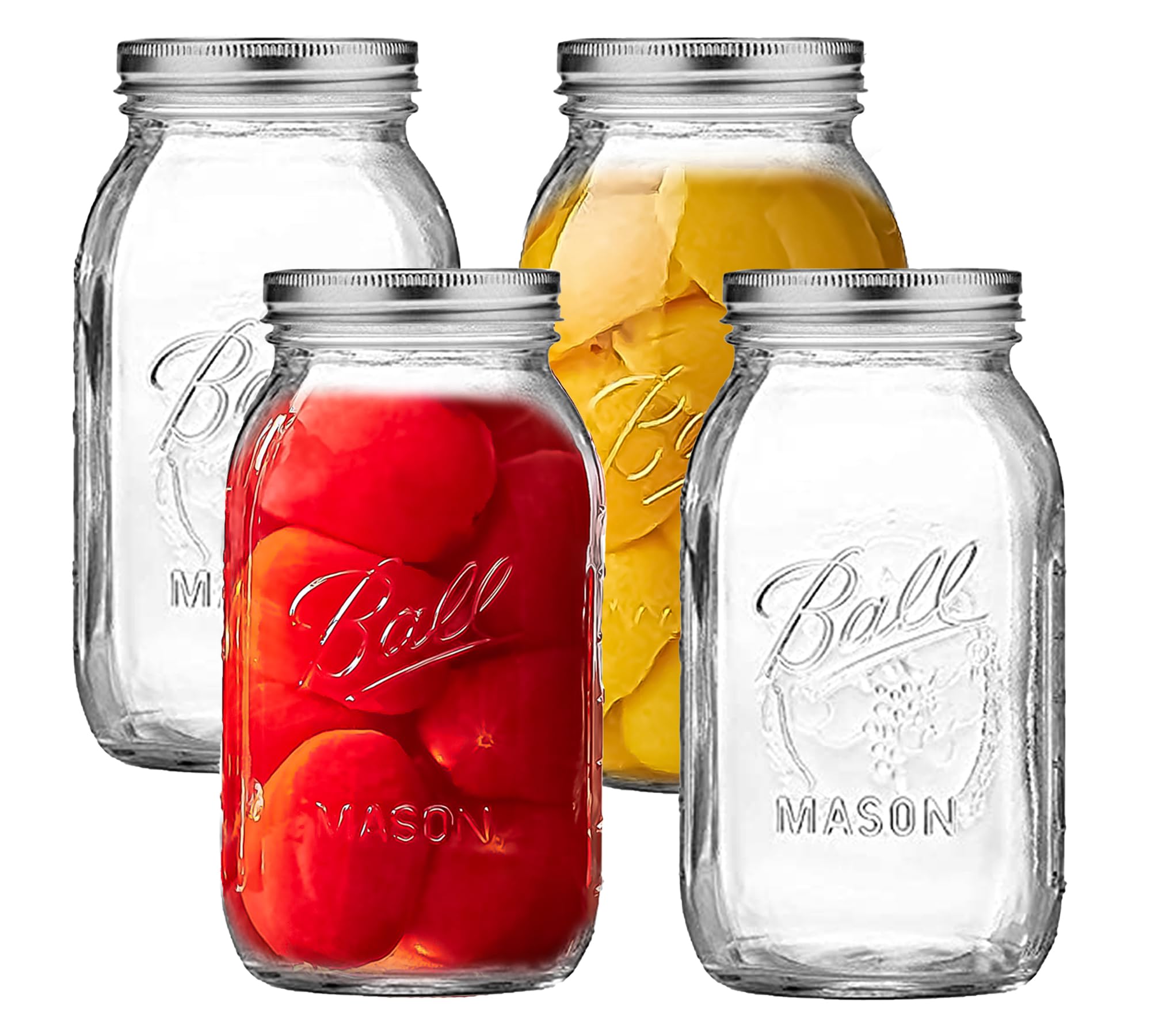 Regular Mouth Mason Jars 32 oz - (4 Pack) - Ball Regular Mouth Quart 32-Ounces Mason Jars With Airtight lids and Bands - For Canning, Fermenting, Pickling, Freezing, Storage + M.E.M Rubber Jar Opener