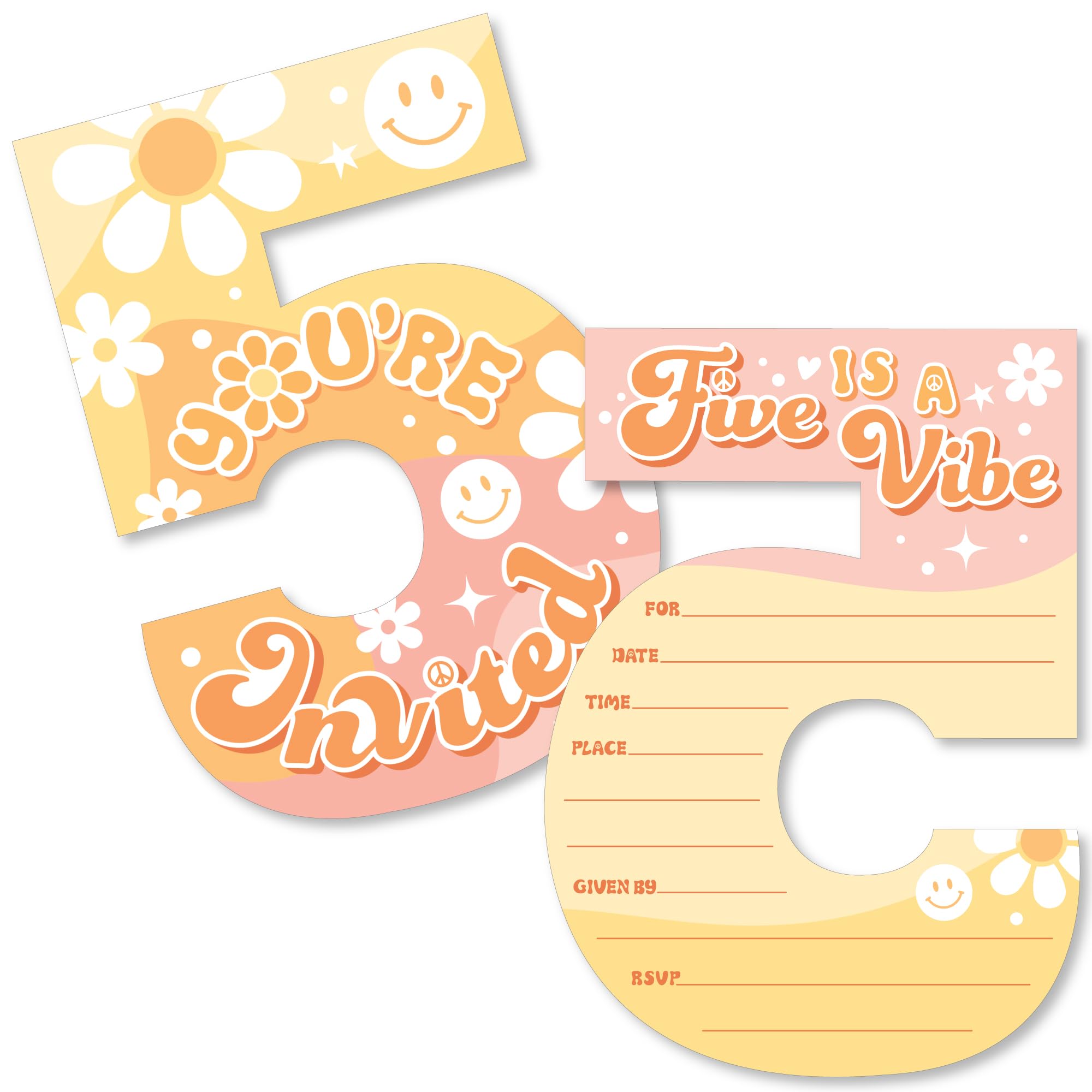 Big Dot of Happiness Five is a Vibe - Shaped Fill-In Invitations - Boho Hippie Fifth Birthday Party Invitation Cards with Envelopes - Set of 12