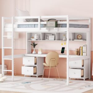 full size loft bed with desk and storage, wooden loft beds frame with charging station, high loft beds with 4 drawers & 4 shelves & 2 outlets & 2 usb port for kids teens adults, white