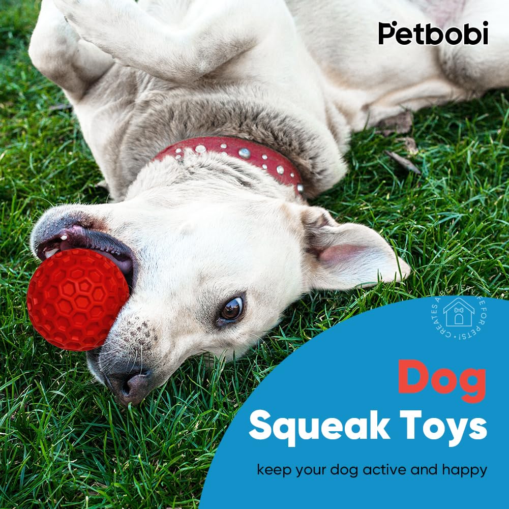 Petbobi Dog Squeaky Toys, Dog Ball Toy for Medium Large Dog, Durable Dog Chew Toys for Aggressive Chewers, Interactive Dog Toy with Non-Toxic Natural Rubber, Red