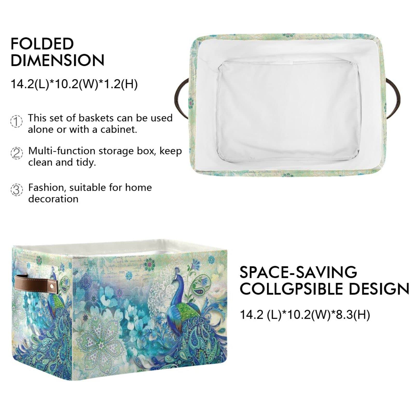 WIHVE Storage Bins Beautiful Peacock Fabric Storage Basket for Organizing Closet Shelf Organizer Basket with Handles