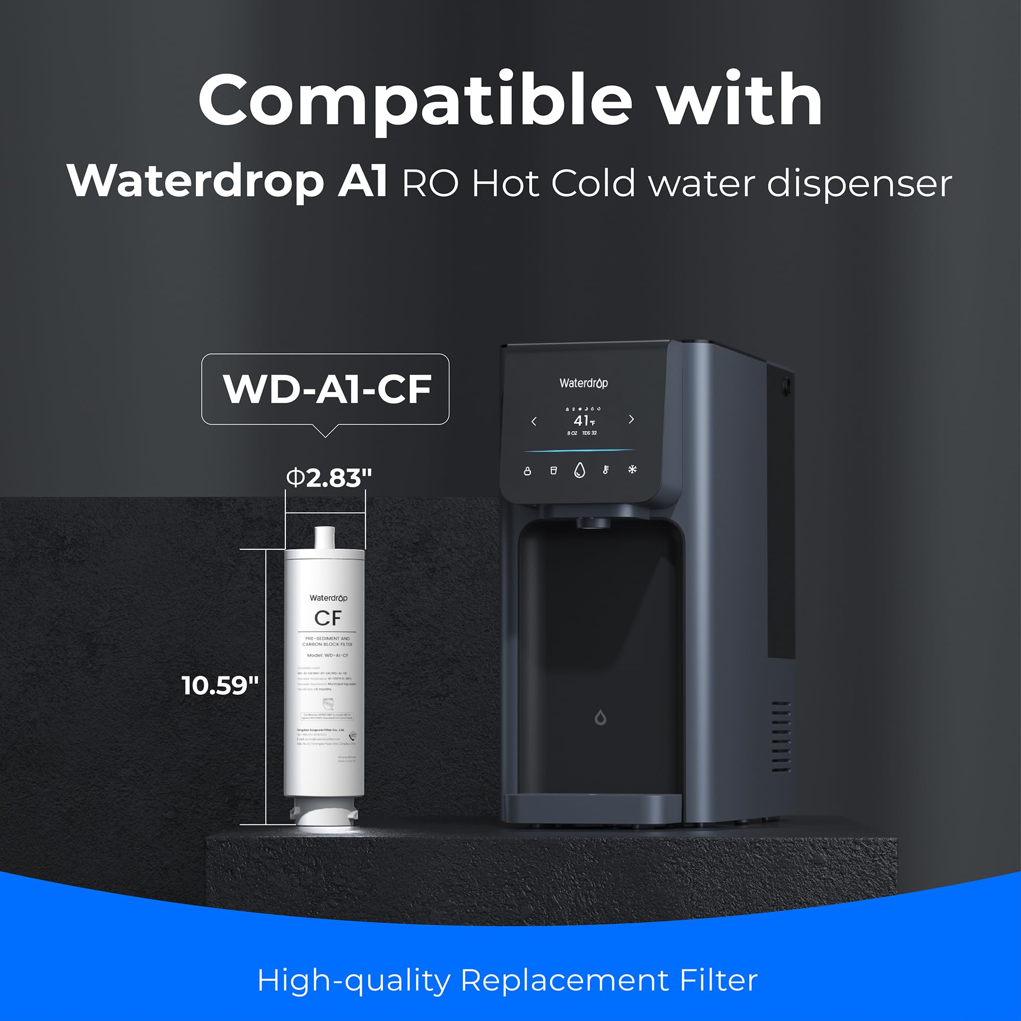 Waterdrop 𝐖𝐃-𝐀𝟏-𝐂𝐅 Filter, Replacement for 𝐖𝐃-𝐀𝟏 Countertop Reverse Osmosis Hot and Cold water Dispenser, 6-month Lifetime