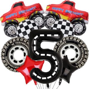 lebeili 9pcs truck birthday balloon, race car theme party supplies, includes 4 number balloons, black & transparent, for 5th birthday & baby shower, unisex