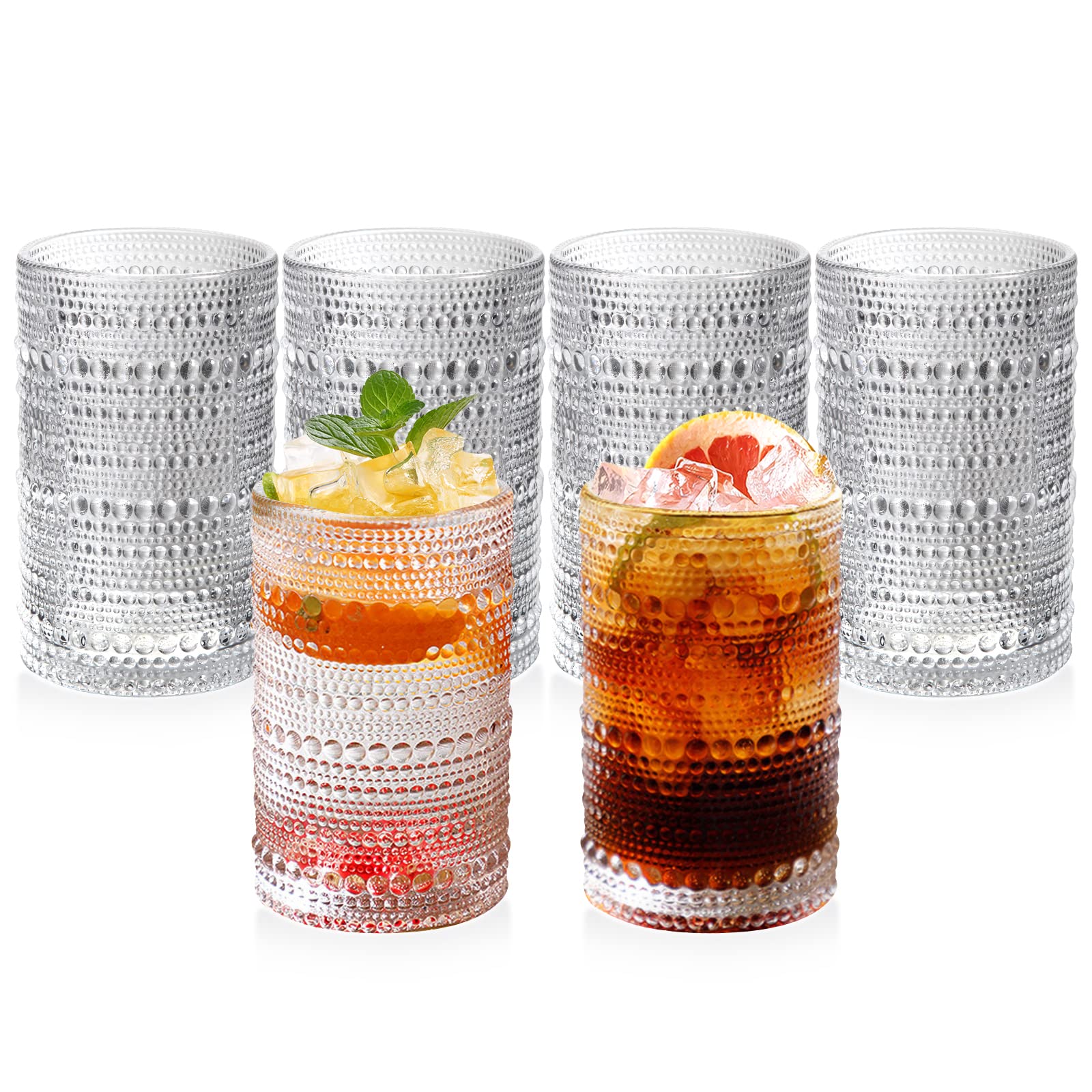 Hobnail Glasses Set of 6 Highball Vintage Drinking Glasses 13OZ Clear Embossed Vintage Glassware Hobnail Glass Cup for Water, Juice,Cocktail, Wine, Beer, Whiskey for Thanksgiving Day, Christmas Gift