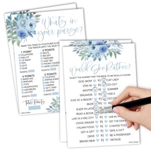 hadley designs 20 floral hilarious bridal shower games for 20 guests - couples wedding shower games, would she rather bridal shower game set, whats in your purse game bridal shower